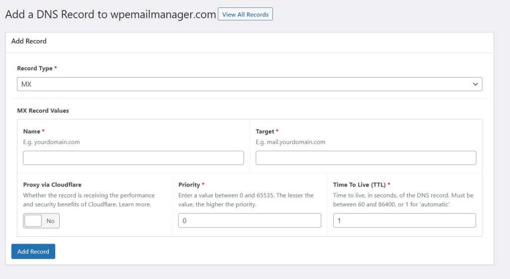 How to Add a DNS Record - WP Email Manager