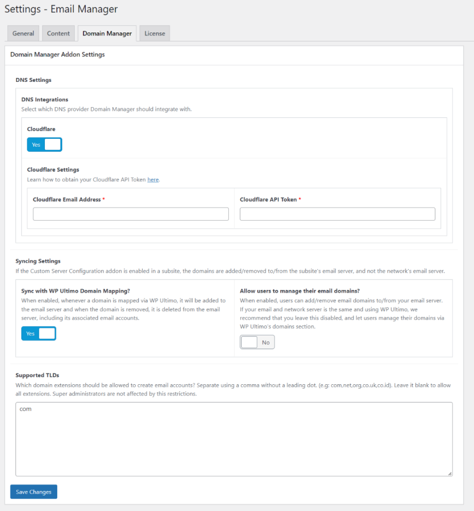 Domain Manager Settings - WP Email Manager